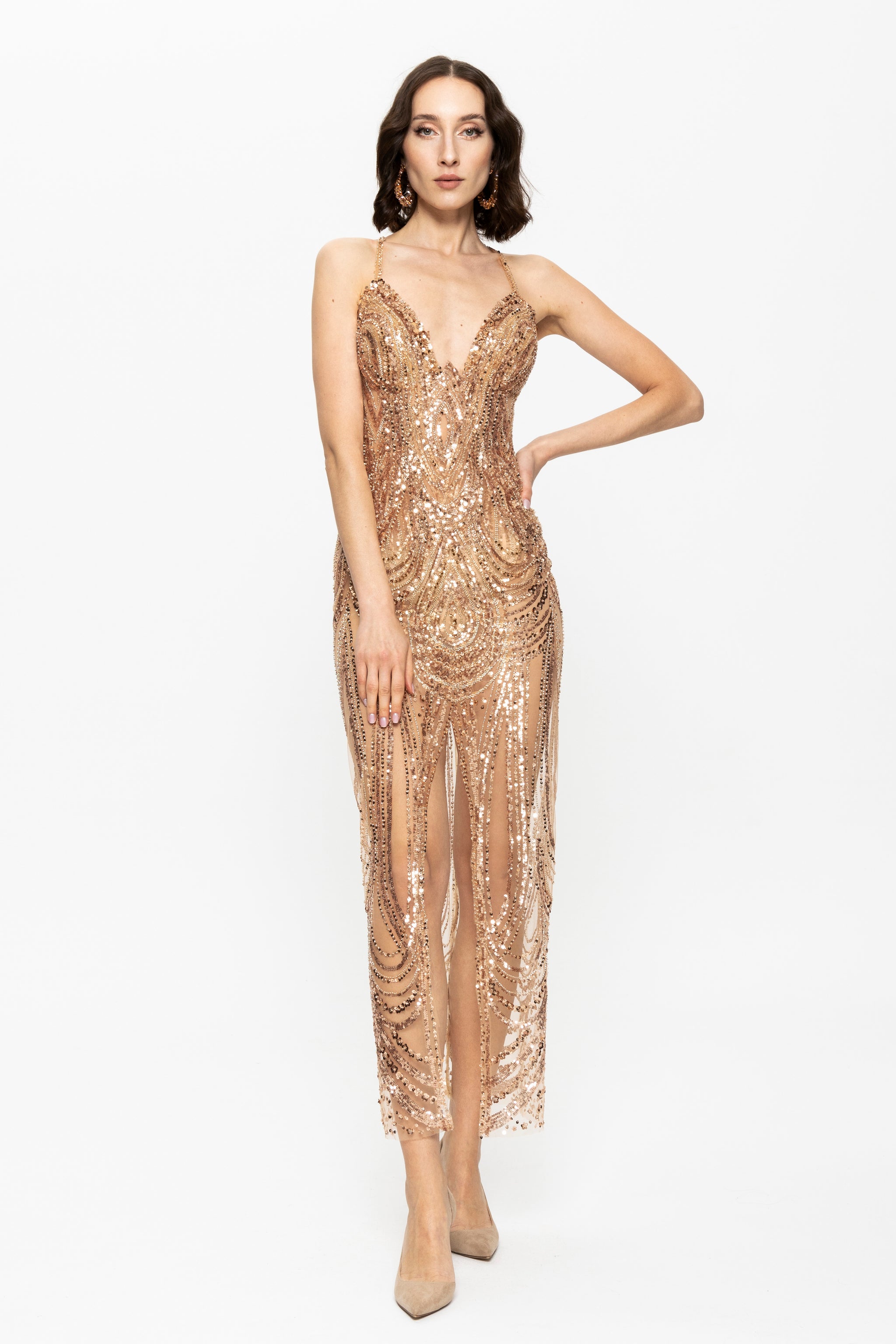 Gold Beads Embellished Evening Gown